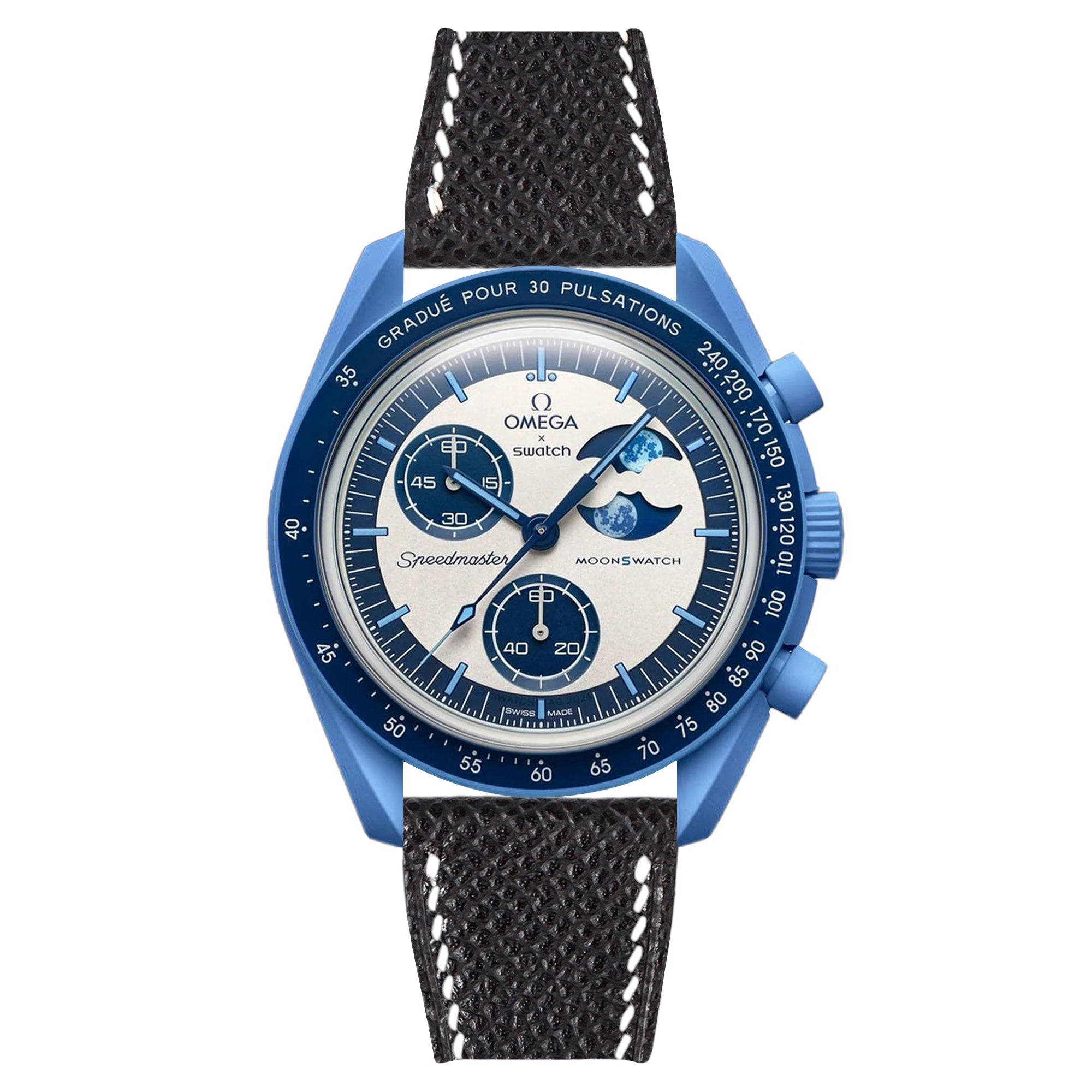 Black Epsom Leather Watch Strap | Omega x Swatch Moonswatch Super Blue ...