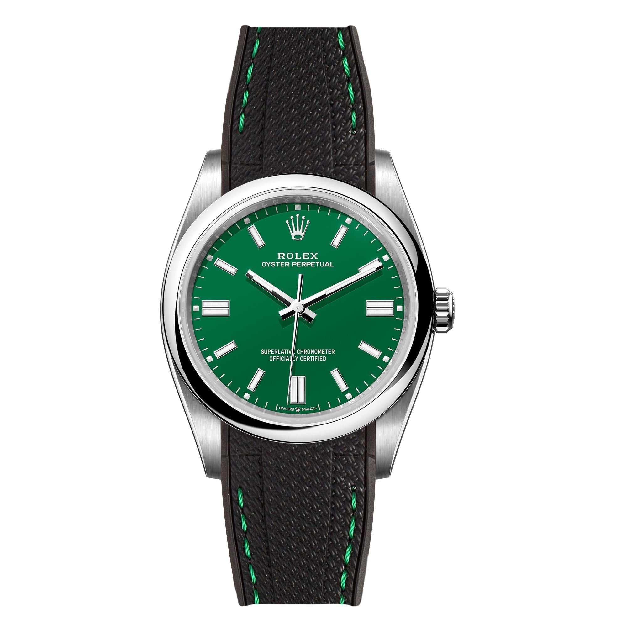 Black/Green Textured Rubber Watch Strap | Rolex Oyster Perpetual | 20mm