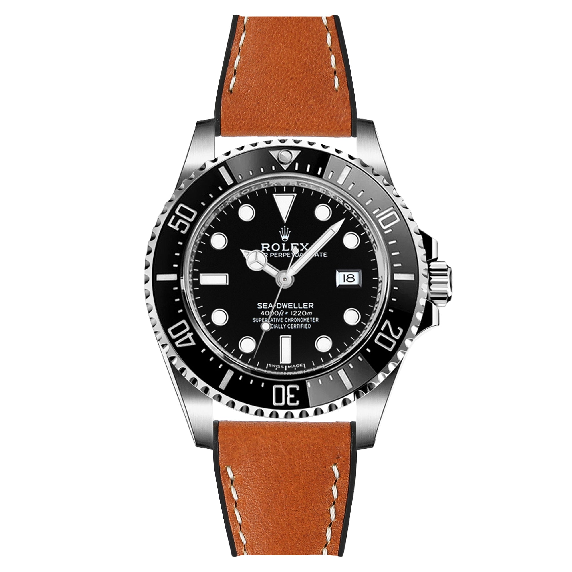 BrownPremiumItalianCalfLeatherRubberHybridPerformanceWatchStrapforRolex ...