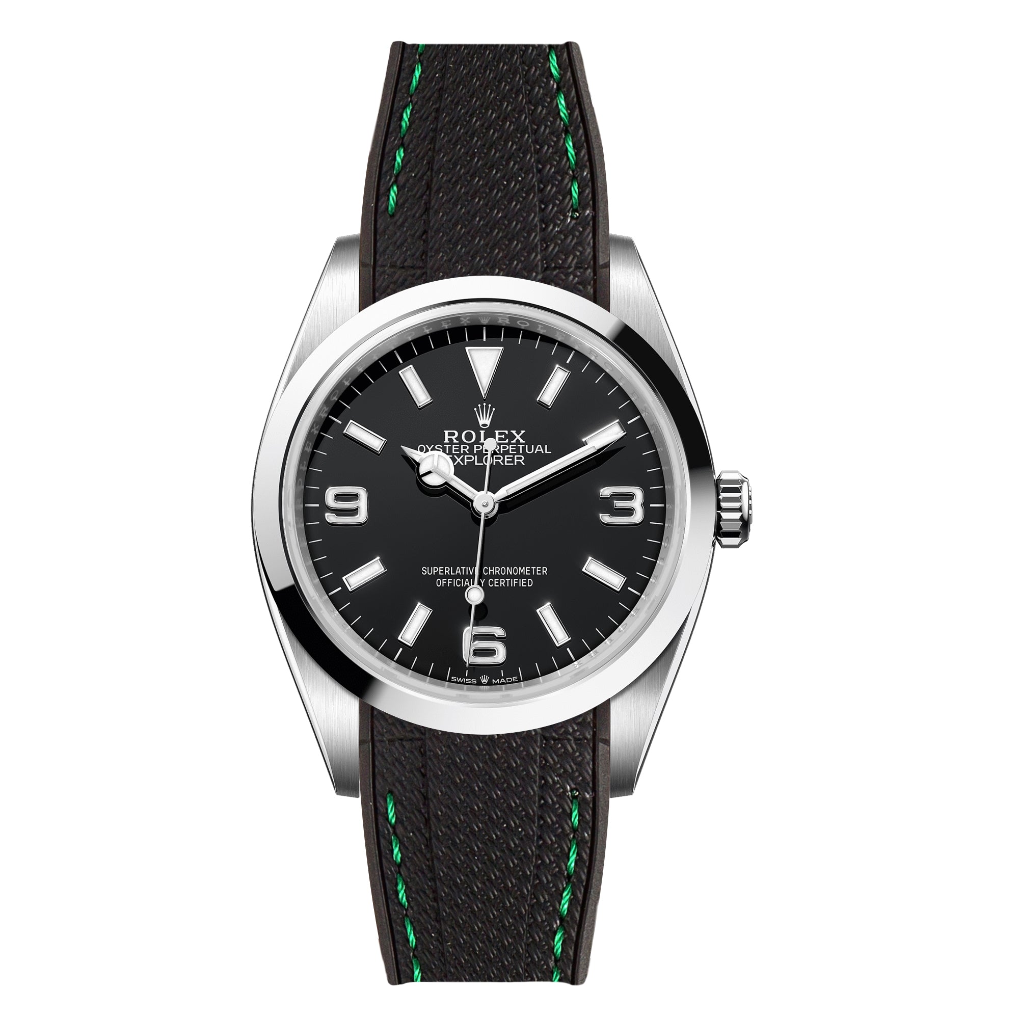 Black/Green Textured Rubber Watch Strap | Rolex Explorer | 20mm