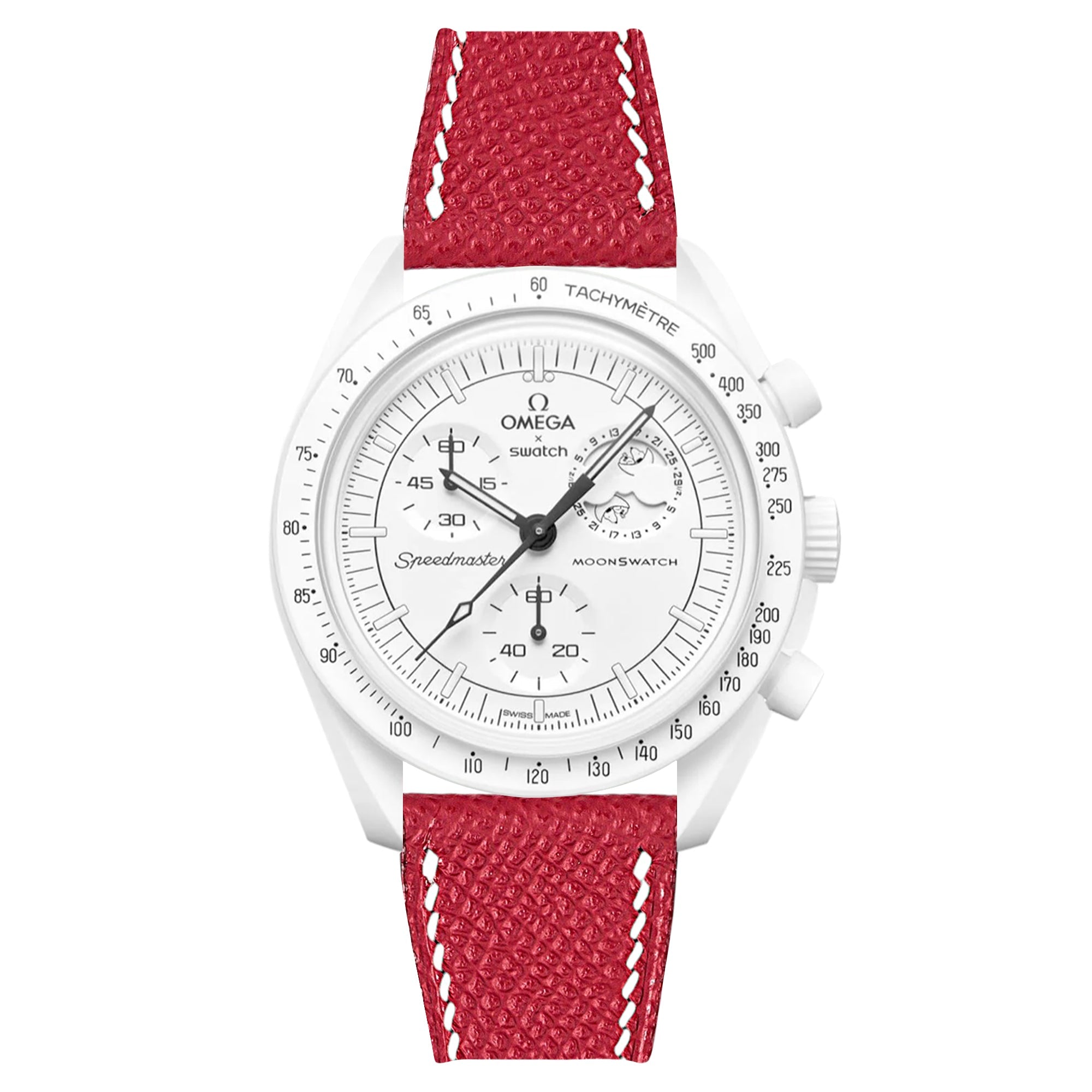Wine Red Epsom Leather Watch Band for Omega x Swatch Moonswatch Full Moon