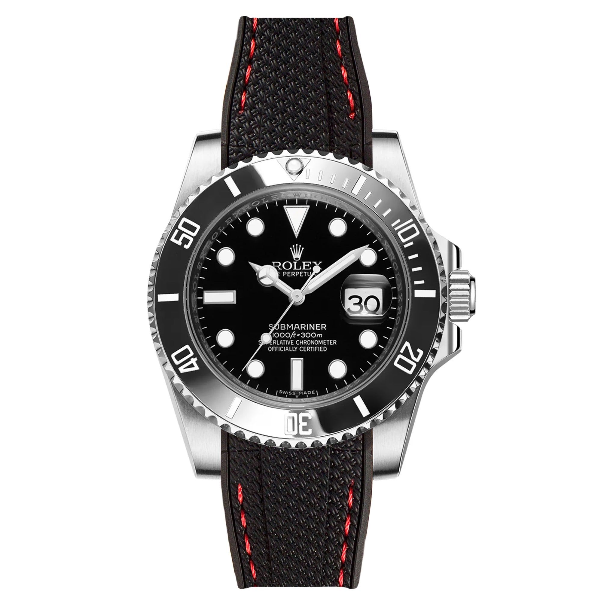 Black/Red Textured Rubber Watch Strap | Rolex Submariner | 20mm